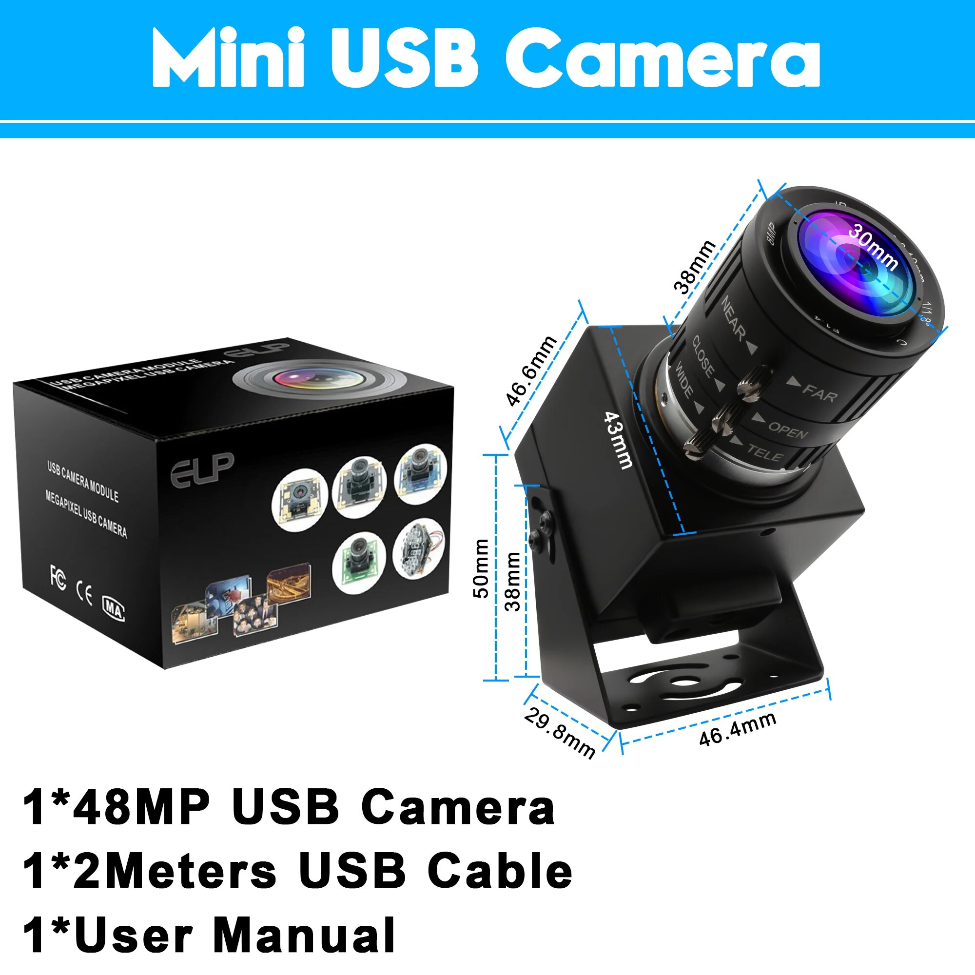 ELP USB-камера 48МП для микроскопа 3.6-10mm Lens