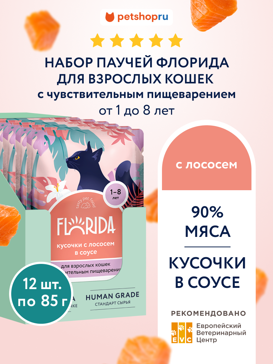 FLORIDA Паучи для кошек, влажный корм для взрослых кошек с чувствительным пищеварением, кусочки с лососем в соусе, набор 12 шт