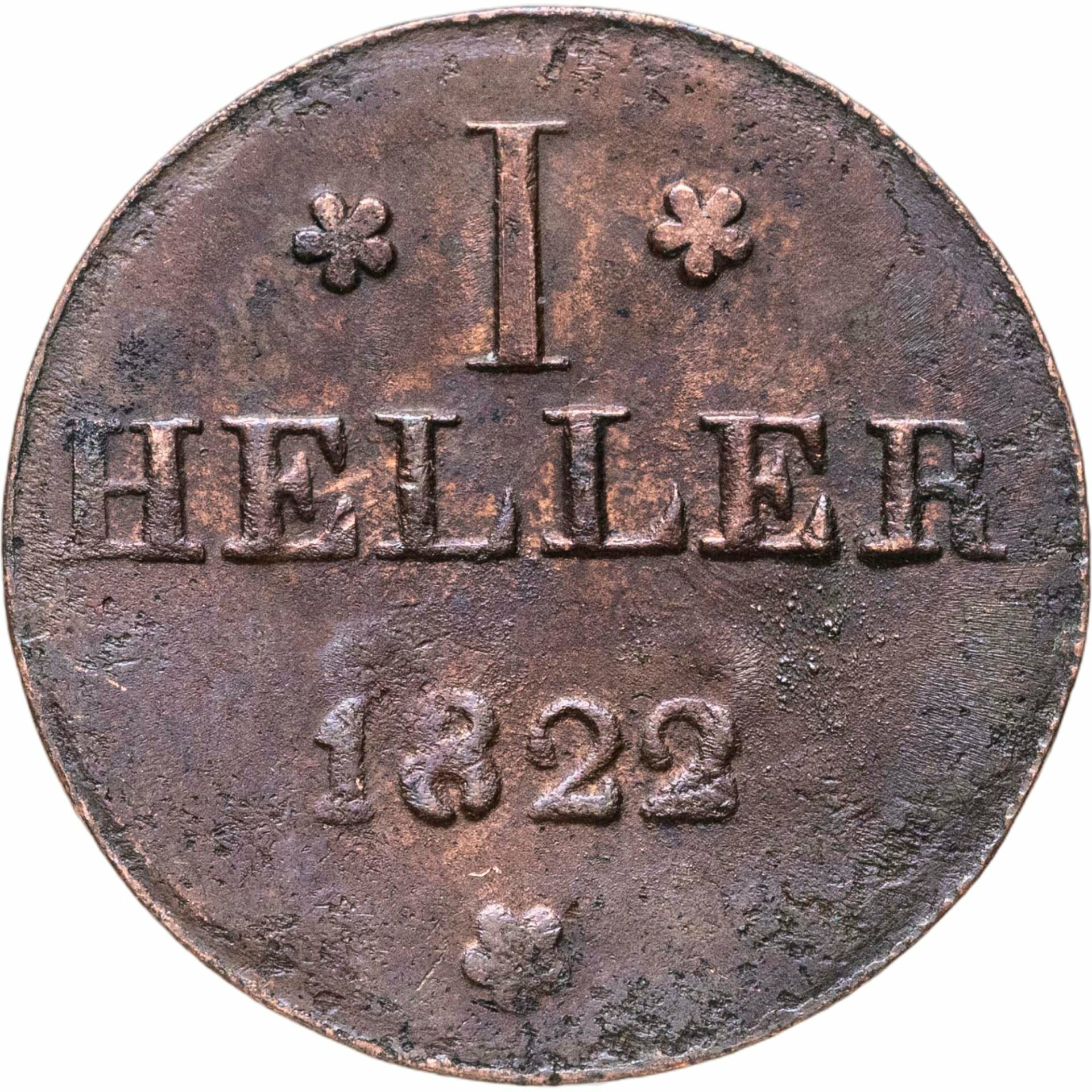 Германия, Франкфурт 1 геллер 1822, Медь, в сохранности XF