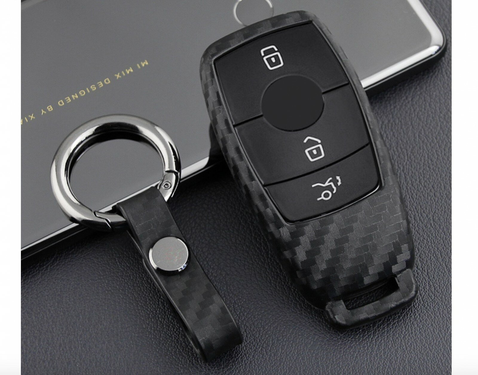 Защитный черный чехол MyPads M-231170 с брелком для смарт ключа Mercedes-Benz с карбоновым рисунком