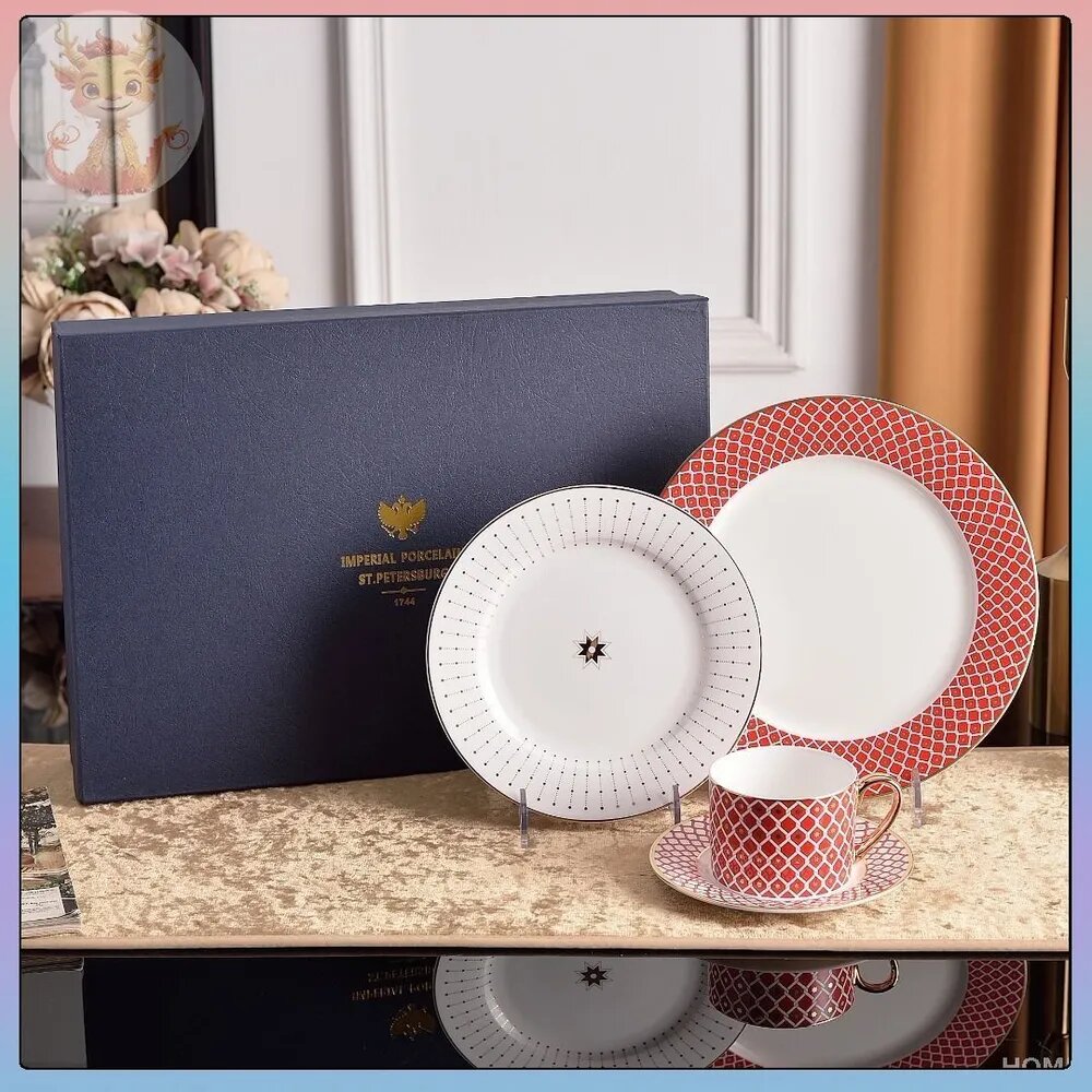Imperial Porcelain St. Petersburg Чашка чайная 200 мл (4 шт.) набор костяной фарфор с красным узором для сервировки