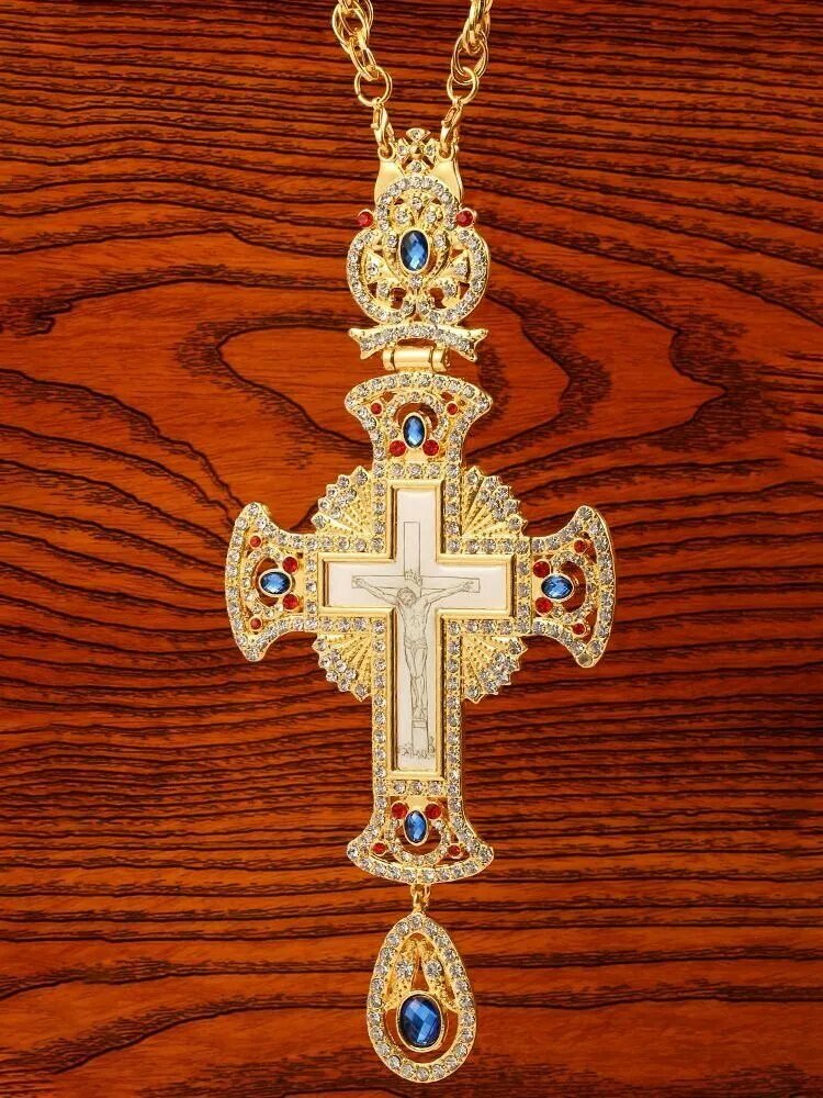 Крест наперсный Воскресенский золотистый с камнями для верующих нательный крестик