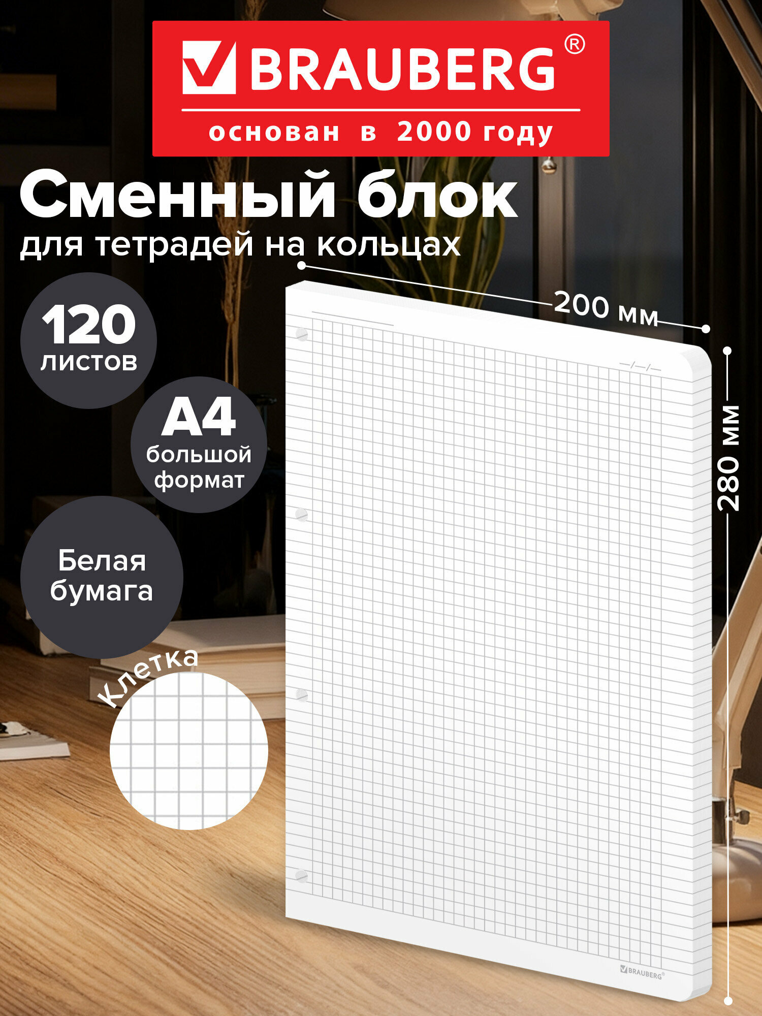 Сменный блок / листы для тетрадей на 4 кольцах формата А4 120 листов, Brauberg, Повышенной Плотности, белый, 404516