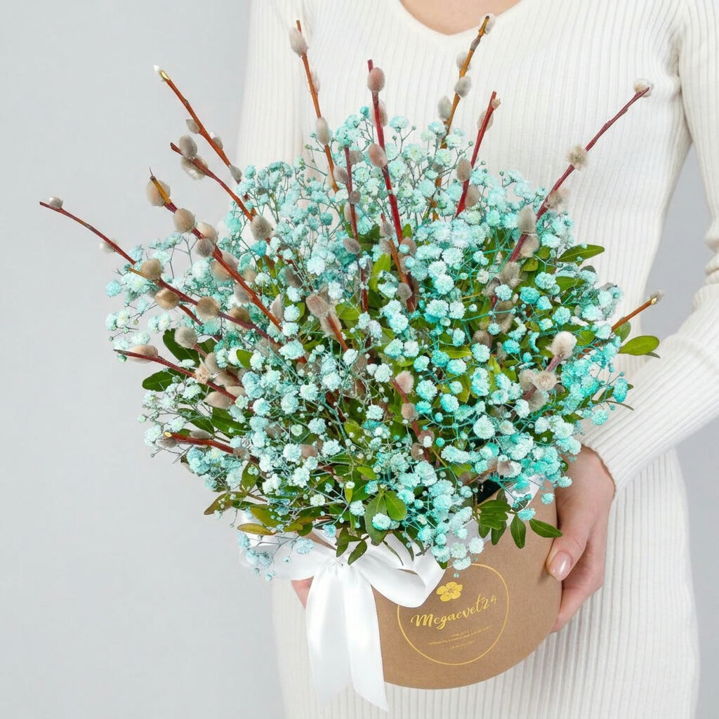 Дуо-букет "Верба и голубая Гипсофила", высота 24 см, в шляпной коробке