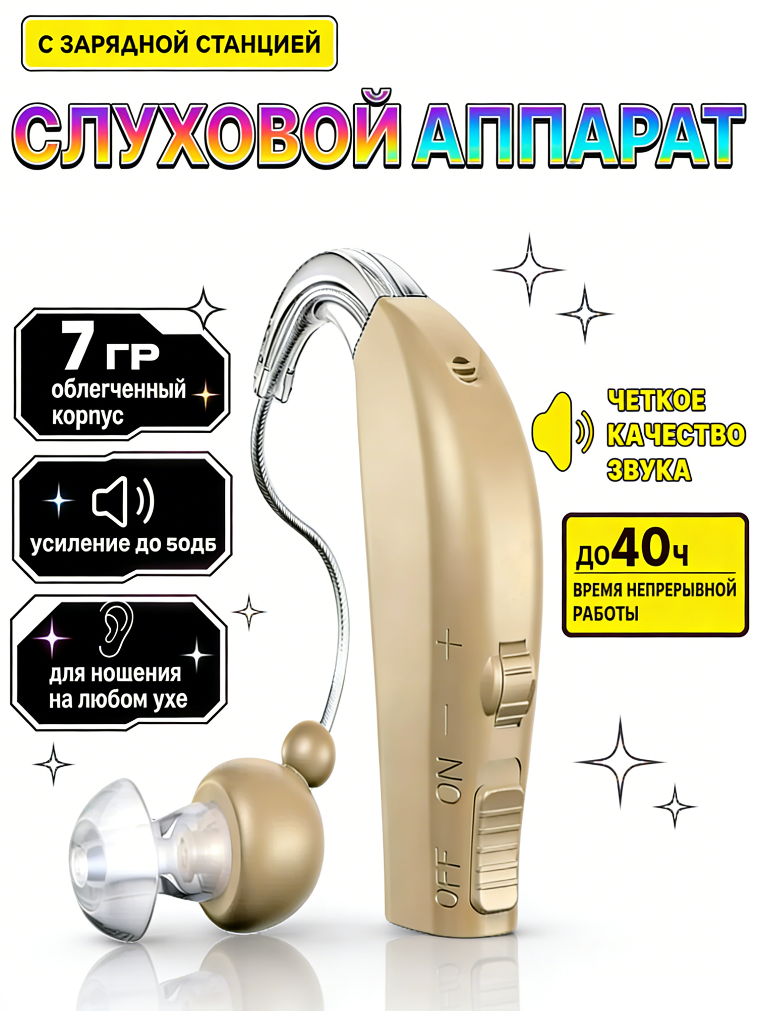 Слуховой аппарат, усиление звука до 30Х, влагозащита, мягкие амбушюры
