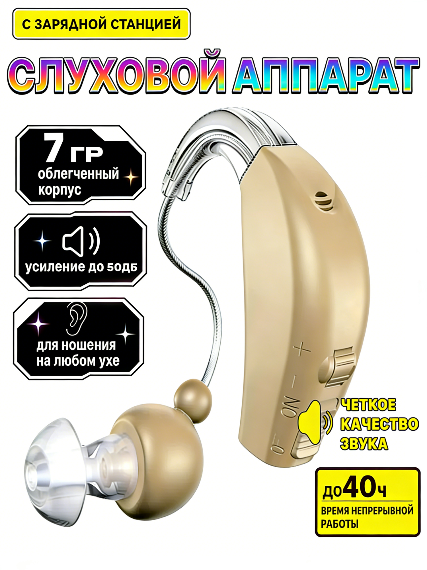 Слуховой аппарат, усиление звука до 30Х, влагозащита, мягкие амбушюры