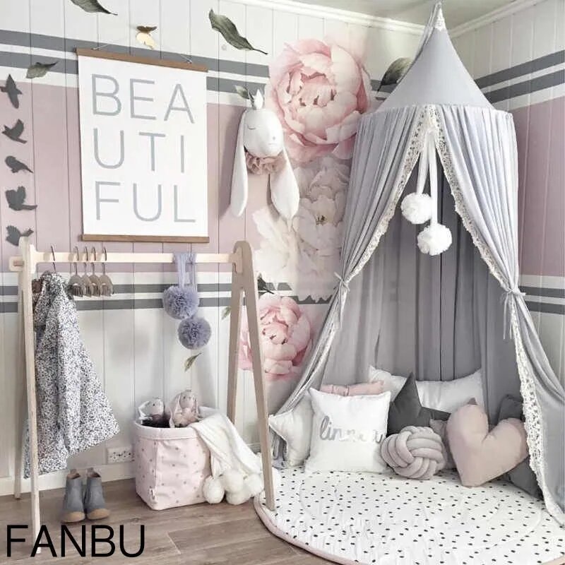 Серый балдахин в кроватку для девочки с кружевом из полиэстера