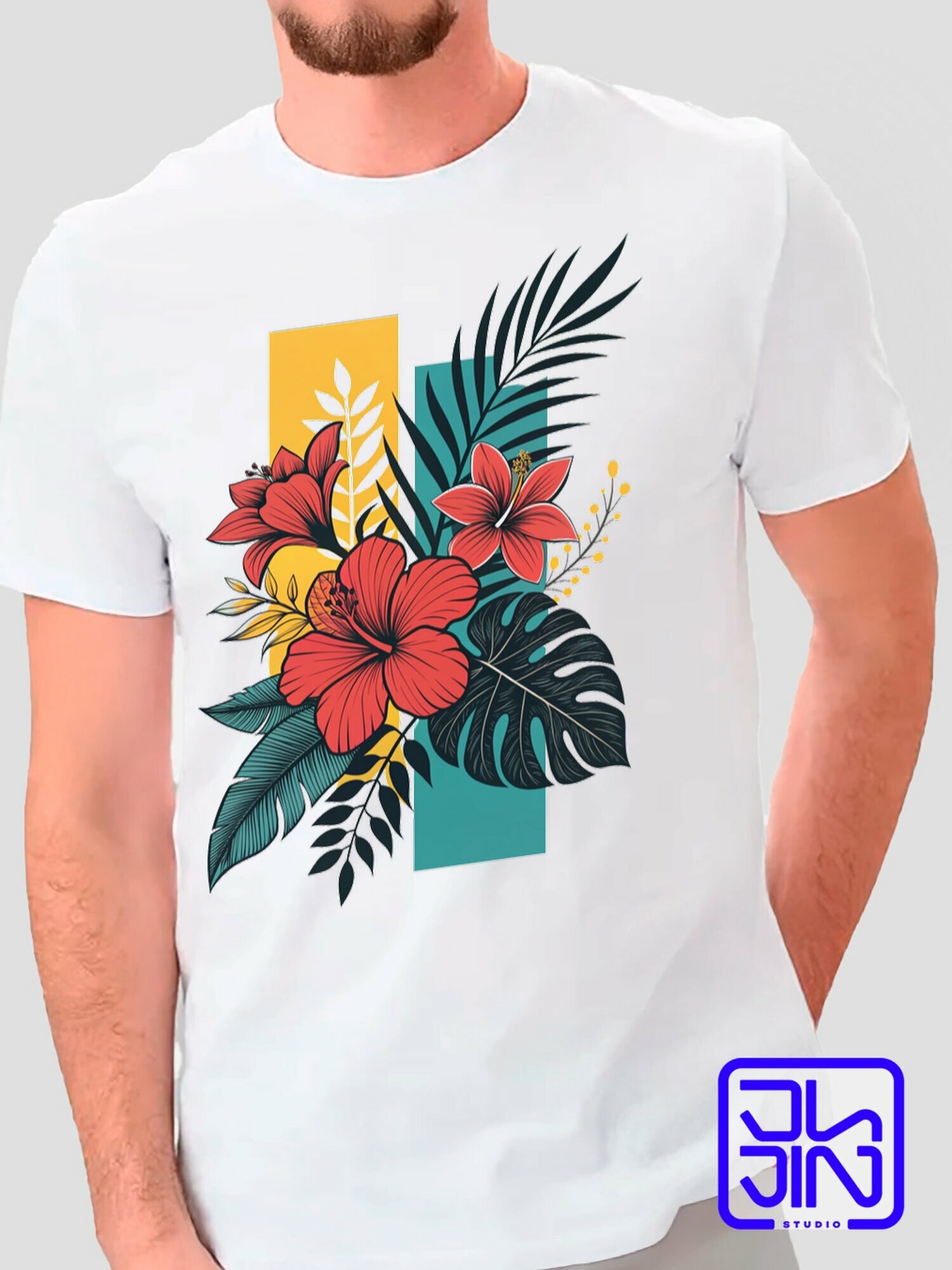 Футболка классическая мужская с авторским принтом Выразительный красный букет гибискусов и коралловых цветов с листьями монстеры, белый хлопковый трикотаж с прикольным рисунком на груди