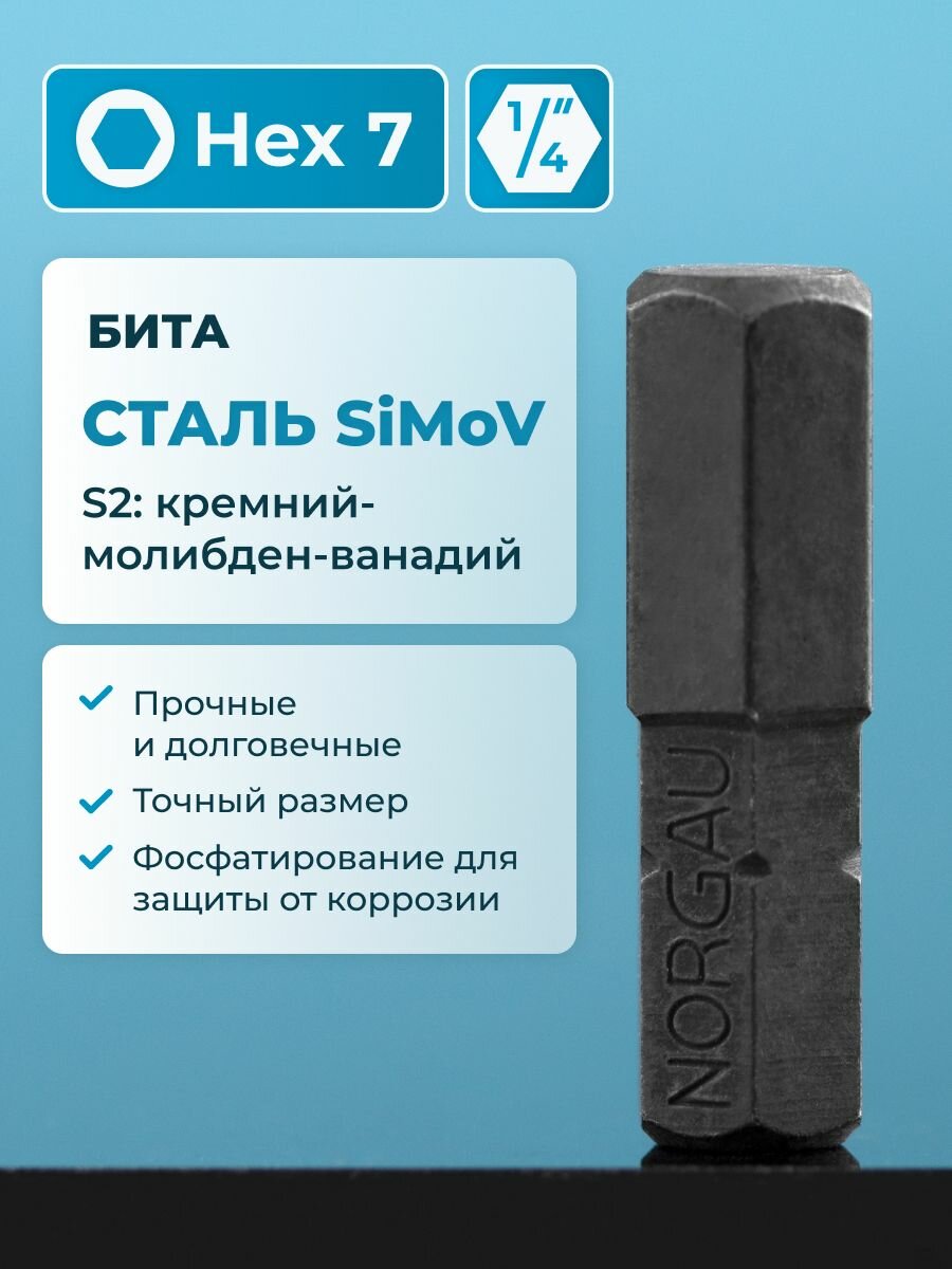 Бита HEX7 NORGAU Industrial из высокопрочной SiMoV стали S2, под шестигранник 1/4"
