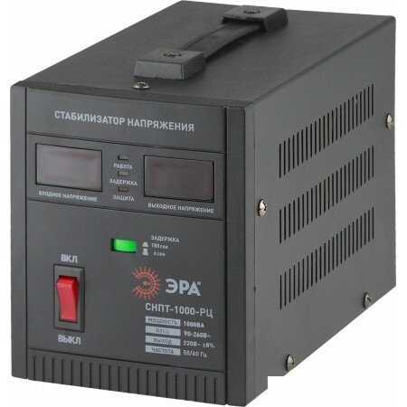 Стабилизатор напряжения ЭРА СНПТ-1000-РЦ Б0035294, кабель 1.2 м, 2 розетки Schuko (евро с заземлением), 1000 VA / 500 Вт