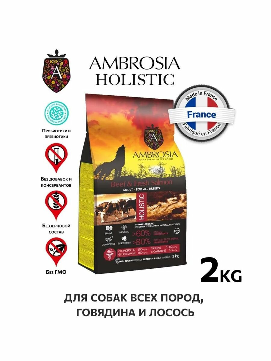 Сухой корм для собак Ambrosia Adult All Breeds, говядина и лосось, 2 кг