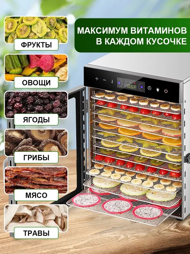 Дегидратор Tinton life для овощей и фруктов, 12 поддонов, 1000Вт, таймер, 30-90°C, белый, серый металлик — фото 1
