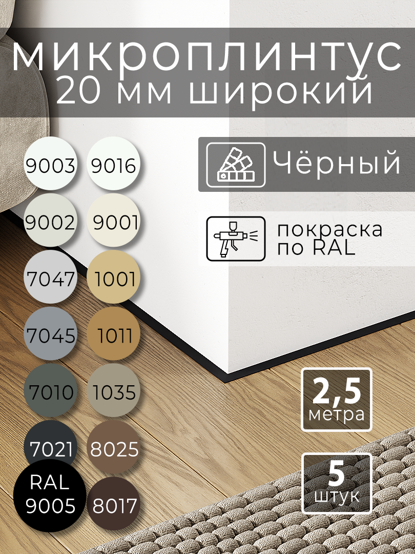 Микроплинтус фесо широкий 20 мм цвет Черный RAL 9005 2,5 метра