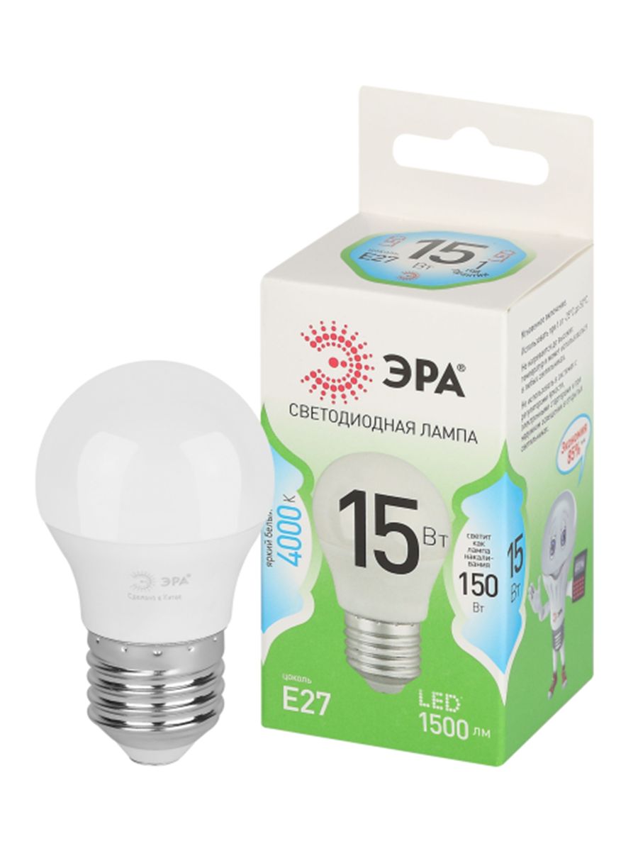 Лампа светодиодная ЭРА GREEN LINE 15Вт 4000К 1500Лм E27 нейтральный белый свет шар Б0066996