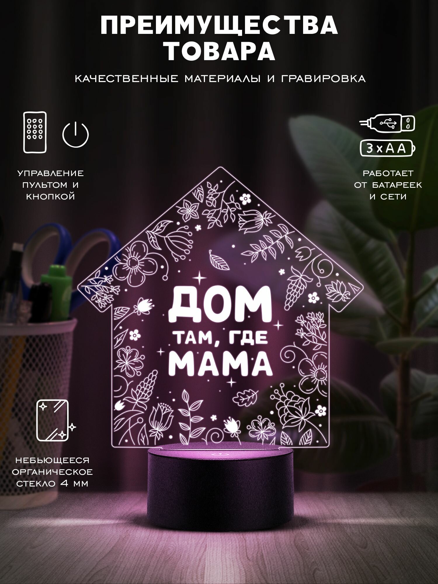 Ночник Flamingo Lamp "Дом там, где мама", теплый свет, пульт ДУ, подарочная упаковка — фото 1