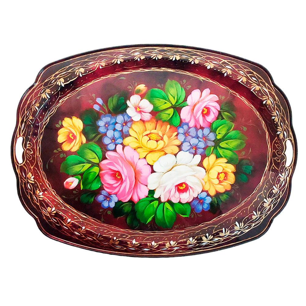 Поднос металлический, овальный "Живописные пионы", жостово 40 см, (Ручная роспись)