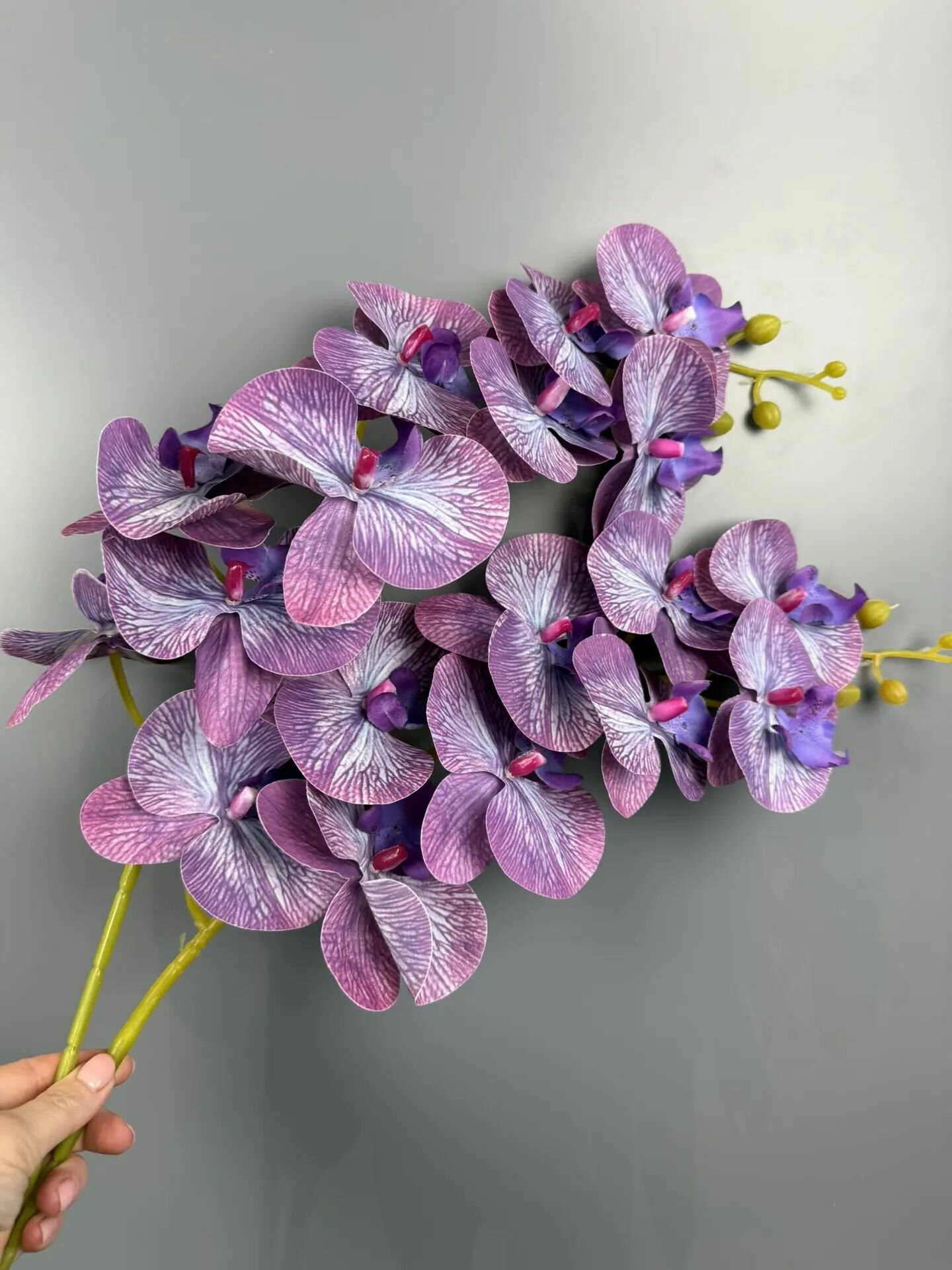 Искусственные цветы премиум для кашпо декора и интерьера Орхидея 3D латекс 2 ветки 95см фиолетовая