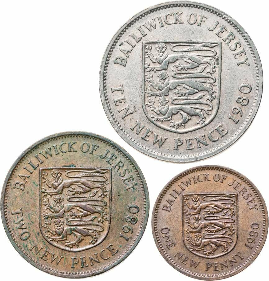 Джерси набор из 3 монет 1980, Мельхиор медь-никель, в сохранности XF