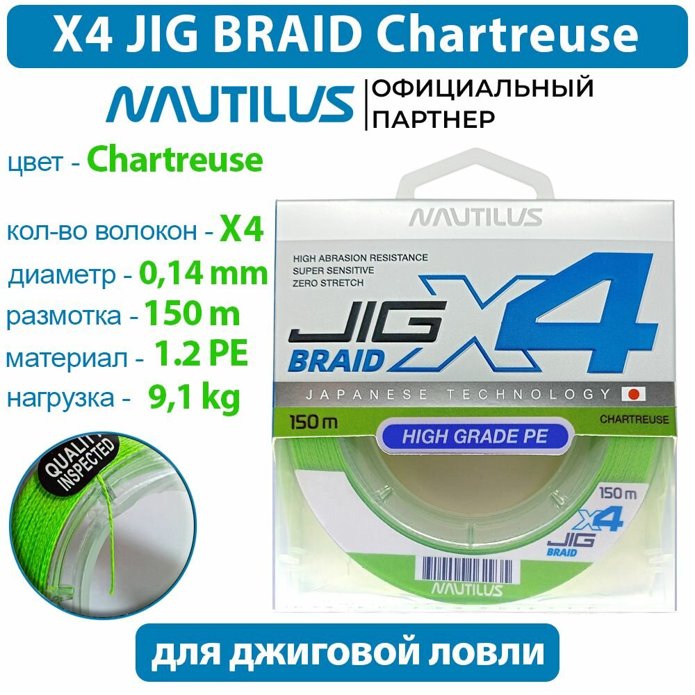 Шнур Nautilus X4 Jig Braid Chartreuse d-0.14мм 9.1кг 1,2PE 150м