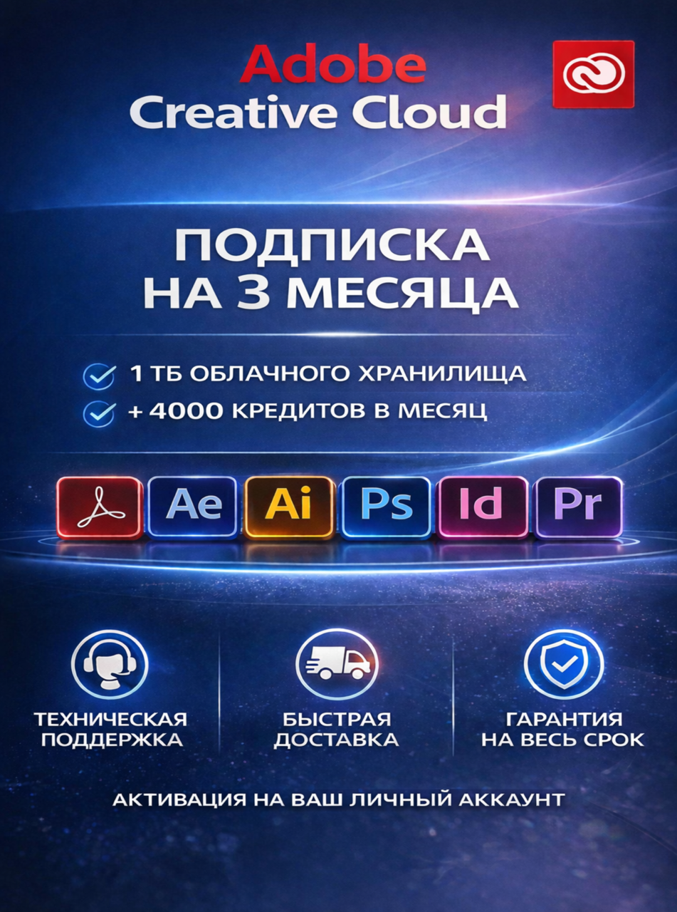 Творческий набор Adobe Creative Cloud, 3 Месяца подписки, все приложения, 1ТБ хранилища