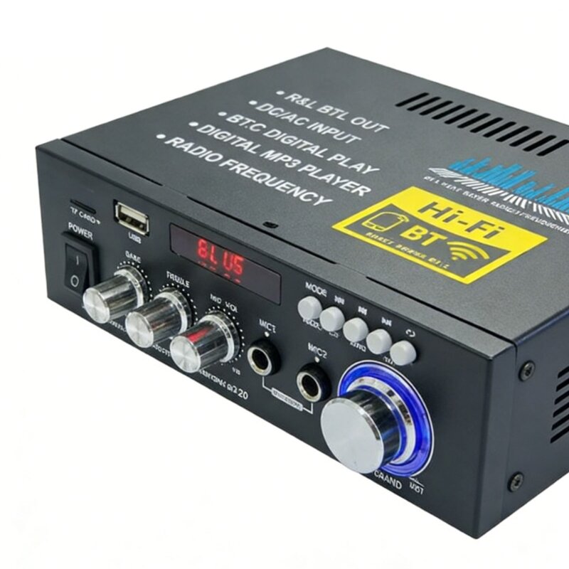 2-канальный стереоусилитель мощности мощностью 60 Вт, совместимый с Bluetooth, Разъем для USB-карты TF, Микрофонный вход, светодиодный дисплей для Домашнего кинотеатра