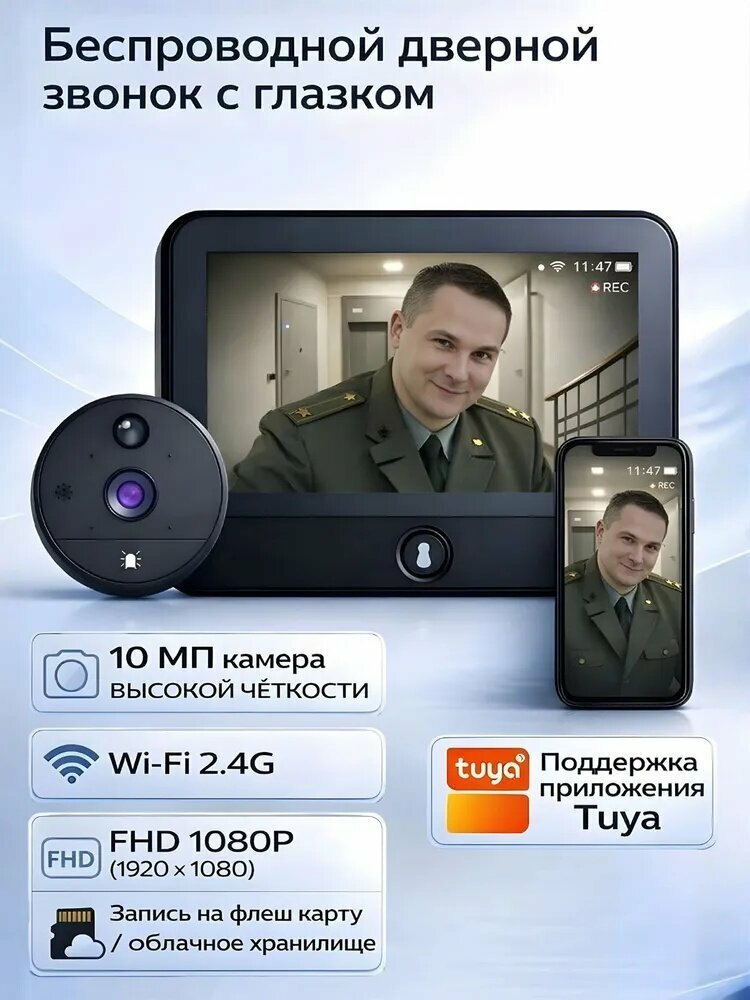 Видеоглазок, Wi-Fi домофон, видео, фото, двусторонняя связь, с картой памяти