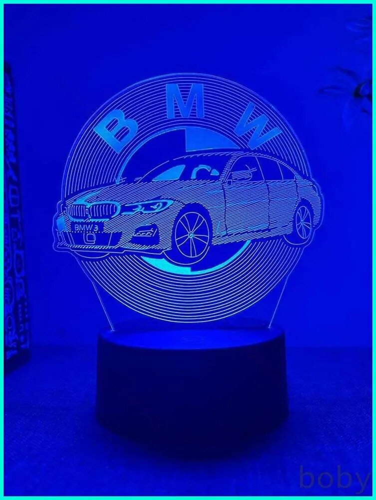 Ночник Бмв 3D светодиодный светильник для спальни, настольная лампа BMW с сенсорным управлением, голубой свет