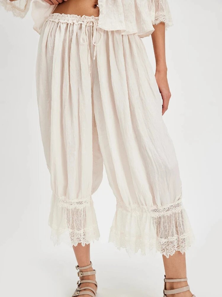 Женские шаровары свободного кроя Y2K, укороченные брюки с завязками и высокой талией, кружевные лоскутные брюки-фонарики длиной до икры с цветочным принтом