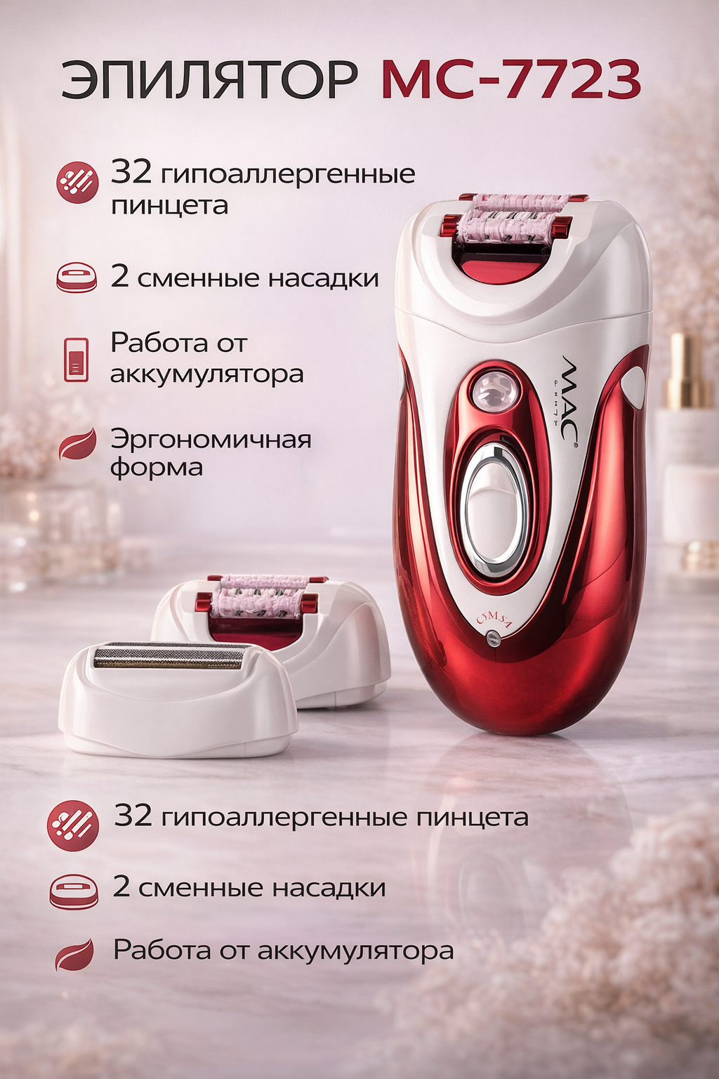Эпилятор MC-7723 аккумуляторный с насадками для удаления волос женский магазин Zaplex