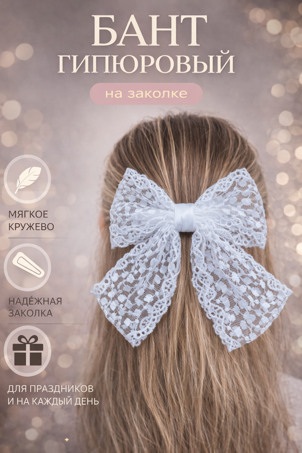 Бант гипюровый "Кружево" для девочек, на заколке, белый, 14 см, 2 шт