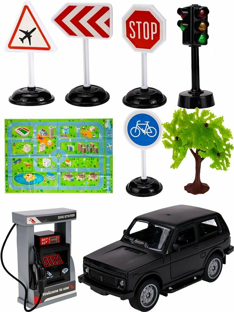 Набор игровой Рыжий кот Машинка инерционная 13 см, светофор, дорожные знаки, заправка, карта (ИК-3138)