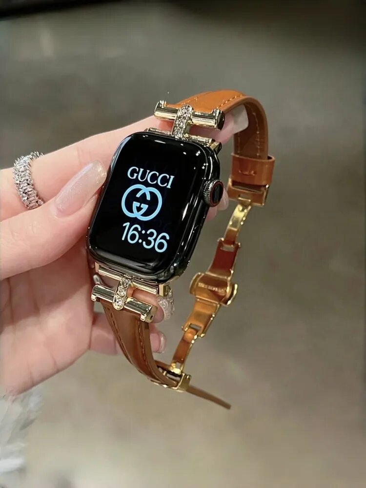 Кожаный ремешок для Apple Watch 10-11 42мм/ Series 1-9 & SE 38мм, 40мм, 41мм/ SE 3 40мм, со стразами, Celine