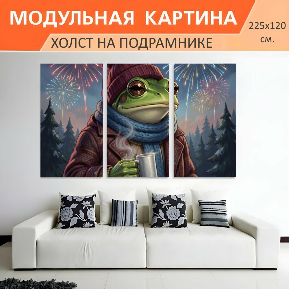 Модульная картина на холсте "Лягушка в зимней одежде с кружкой. Милая зелёная жаба в вязаной шапке, тёплом шарфе и пальто держит." триптих на подрамнике 225х120 см. для интерьера