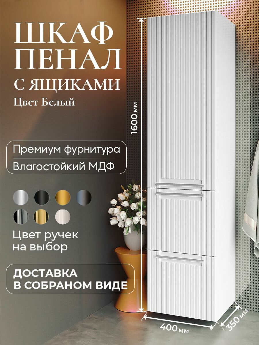 Шкаф пенал для ванной с ящиками подвесной BELLA белый аквакрафт, левое открывание