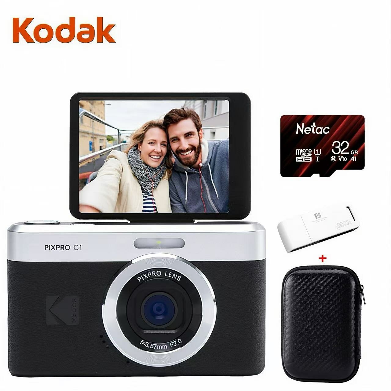Цифровая камера Kodak C1, HD, ультратонкая, с экраном, 32 GB, комплект с сумкой, чёрный цвет
