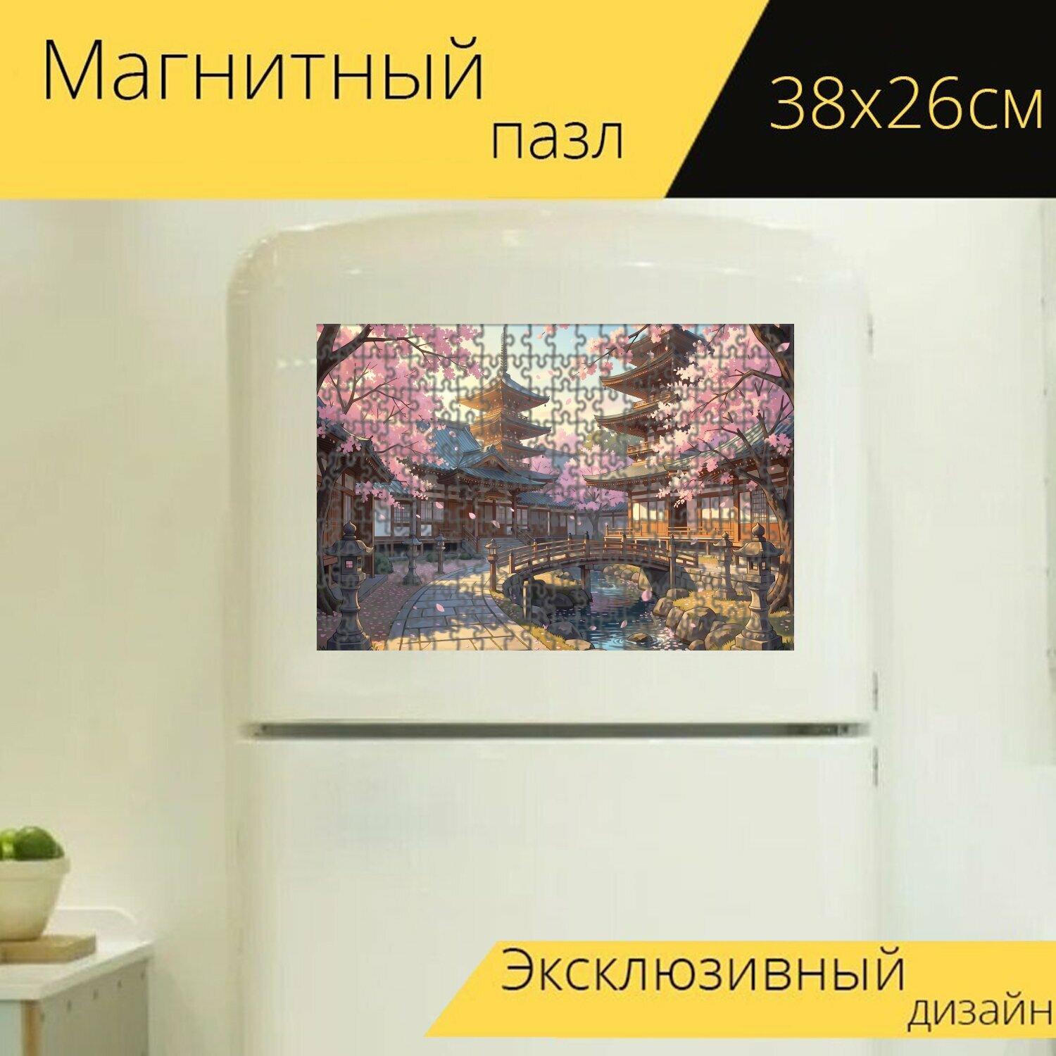 Магнитный пазл "Японский дворик с сакурой. Атмосферный восточный пейзаж в стиле аниме: старинные пагоды, деревянный мостик, ручей и каменные фонари среди." для интерьера, 38х26 см.