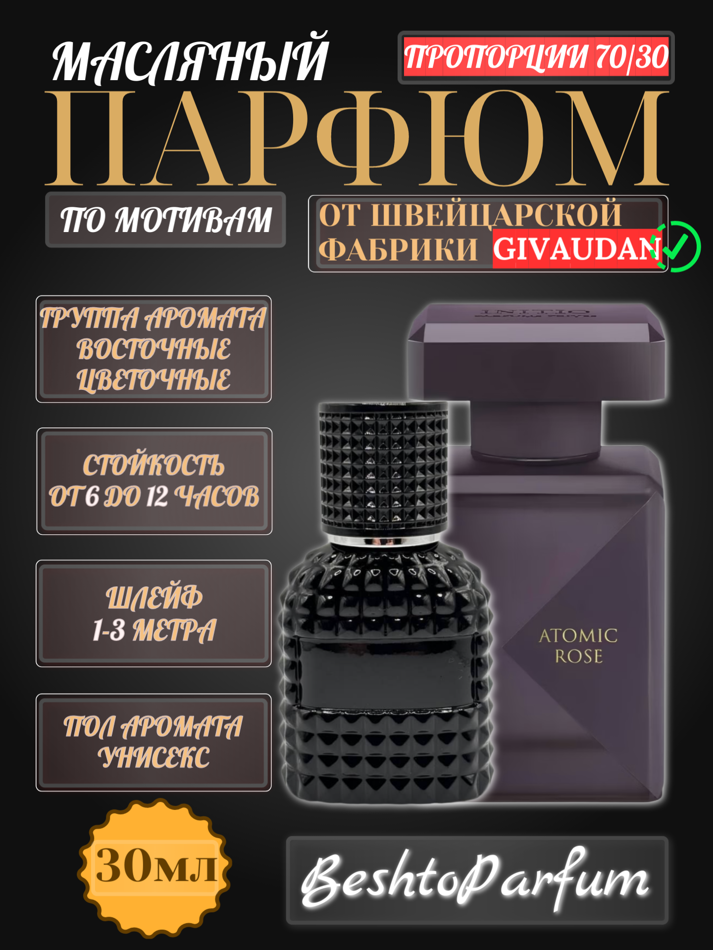 Масляные духи по мотивам Initio Parfums Atomic Rose — стойкий сладкий розовый нишевый аромат / 30мл