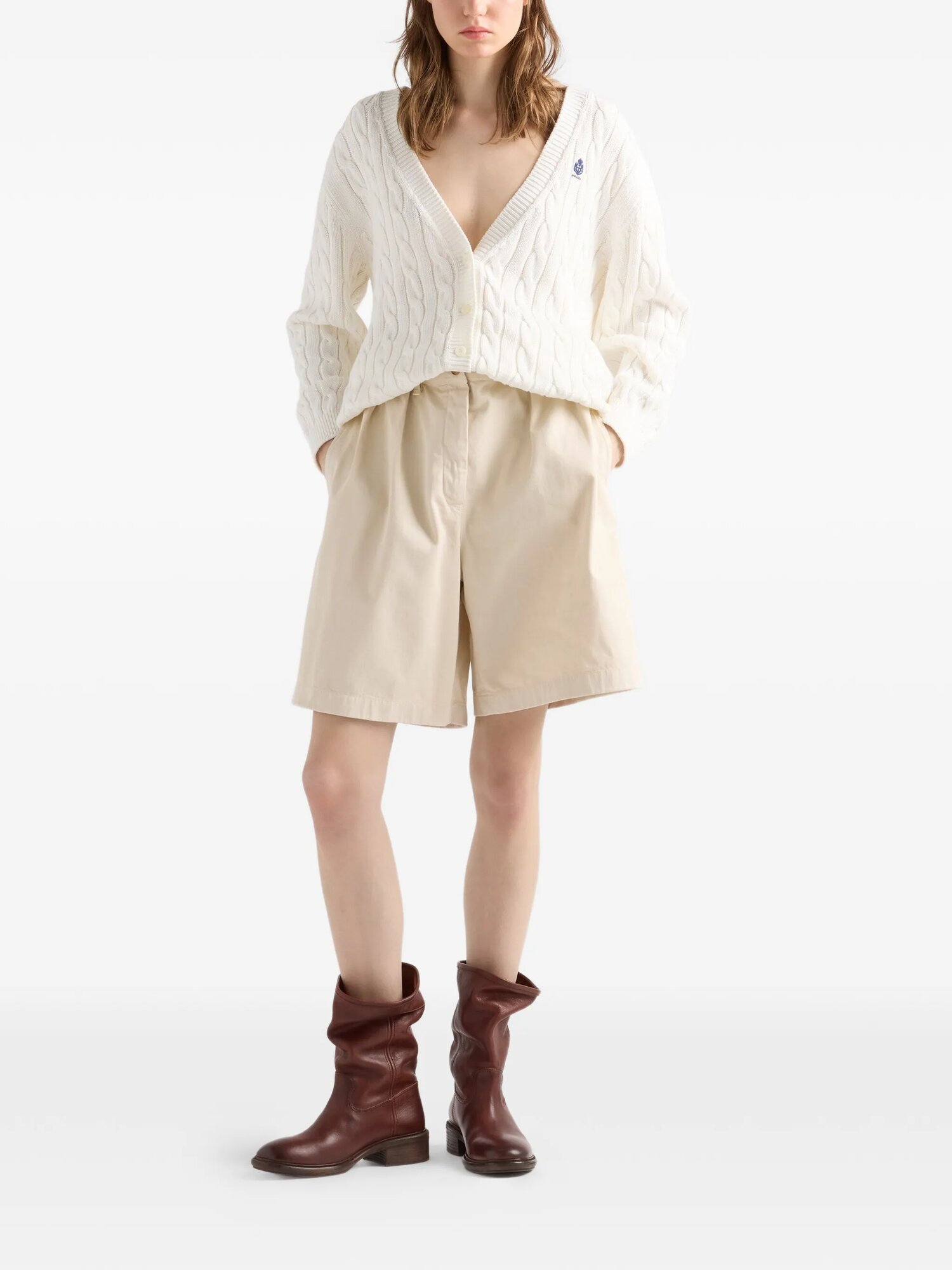 Кардиган Prada Cable-knit cotton cardigan, размер 38, бежевый/белый — фото 1