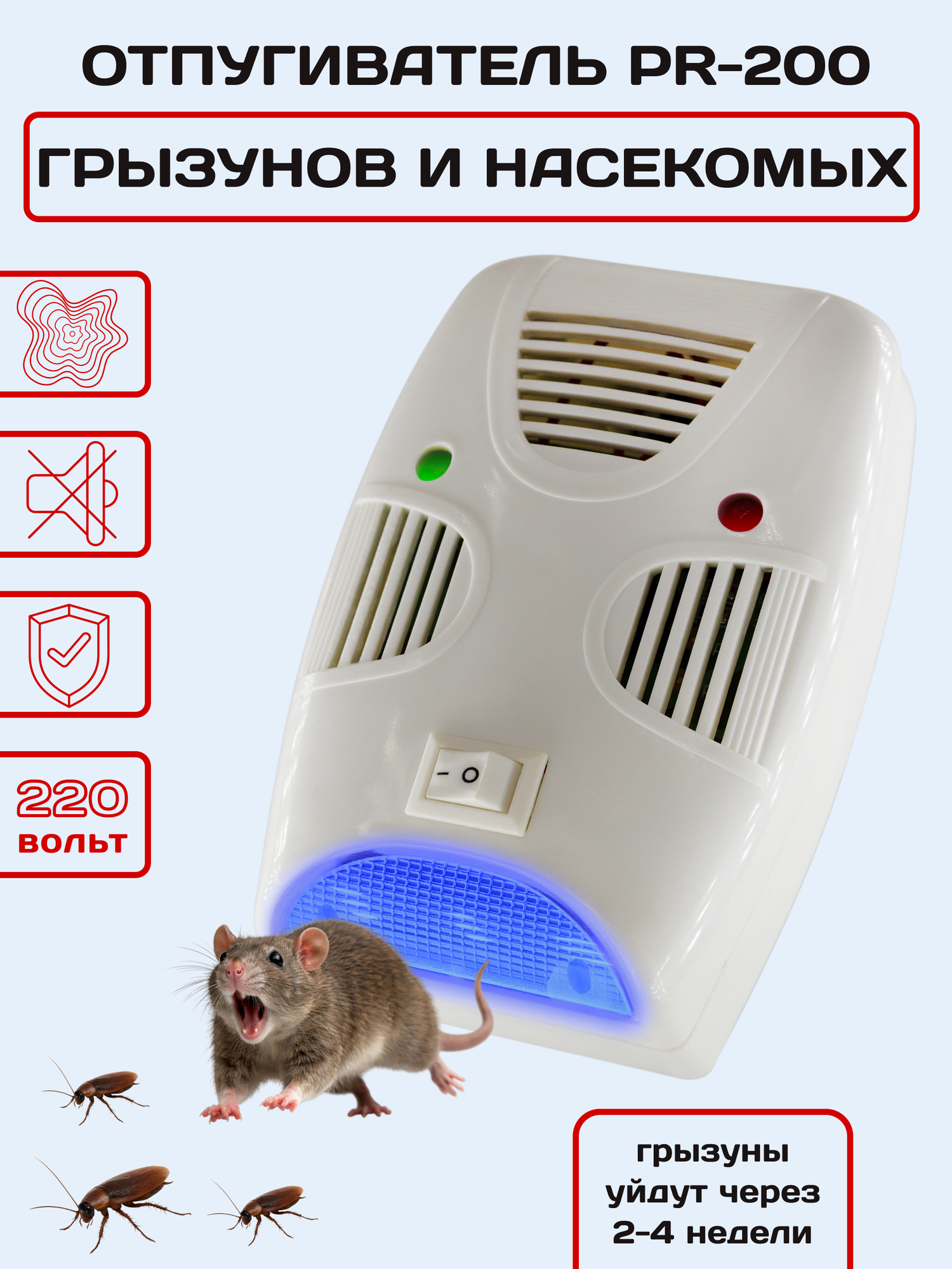 Отпугиватель мышей и крыс ультразвуковой в розетку PR-200, Планета Садовод, Серый, 1 штука