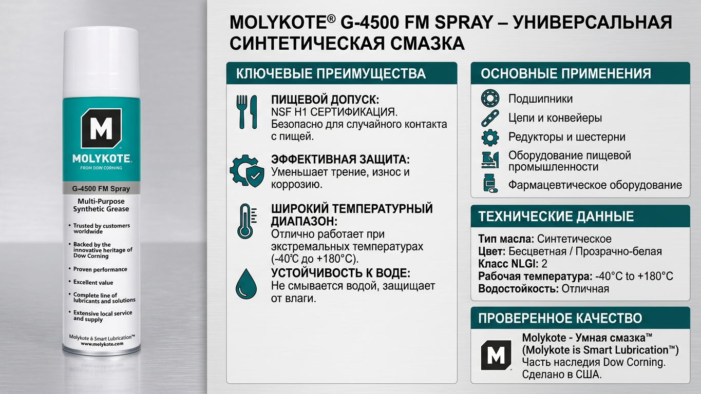 Пластичная смазка Molykote G-4500 FM Spray, 400 мл для пластика, основа синтетическая, подходит для нагруженных узлов