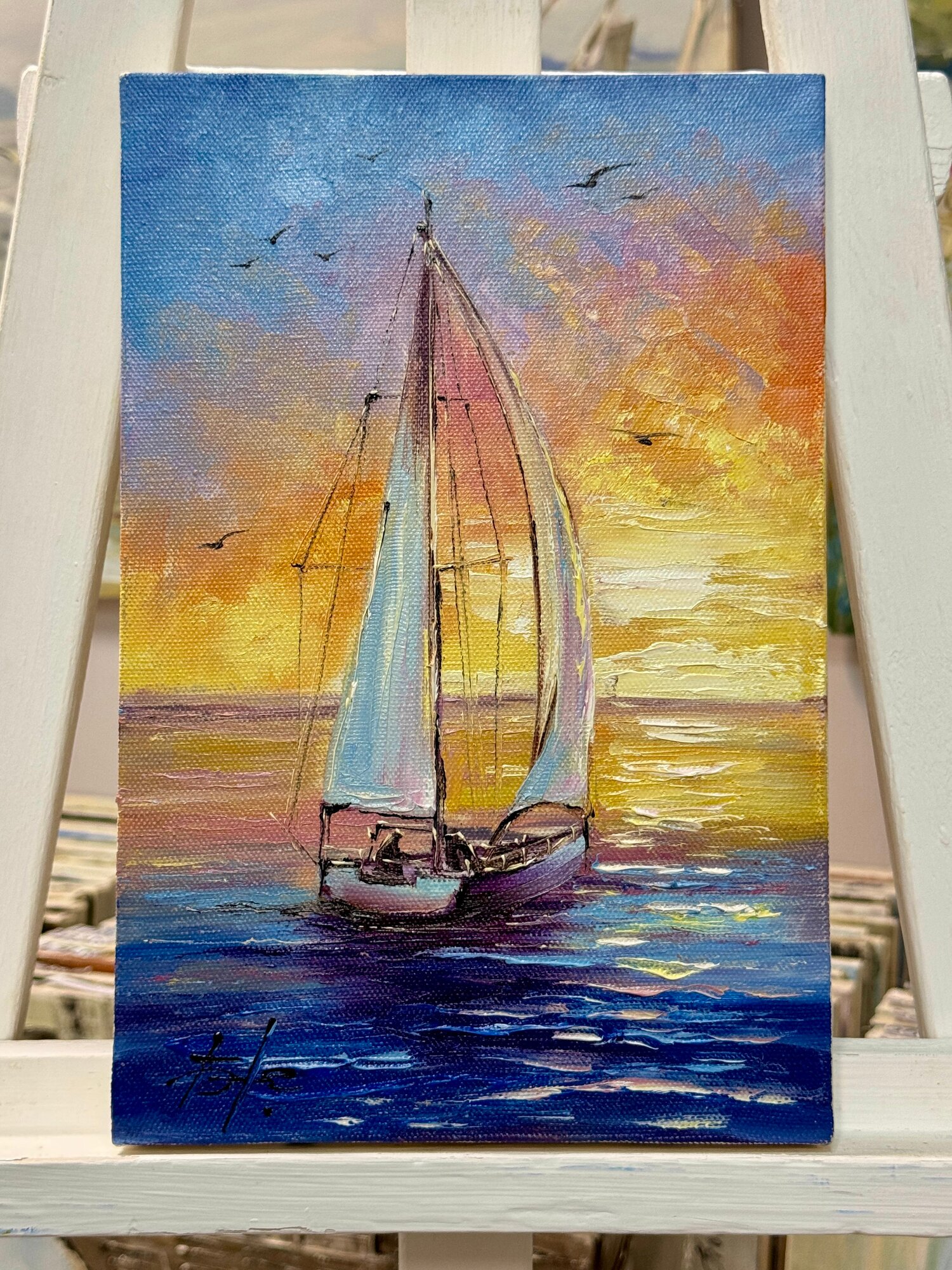 Картина маслом морской пейзаж, Парусник, рассвет 20х30 см. Художественная мастерская Грёзы.