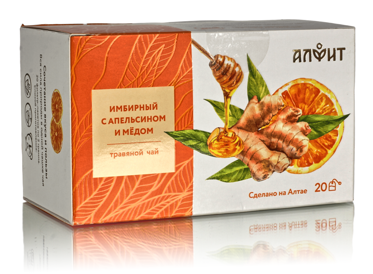 Имбирный с Апельсином и Медом травяной чай (20 ф/п) при головной боли, расстройствах пищеварения, отёках.