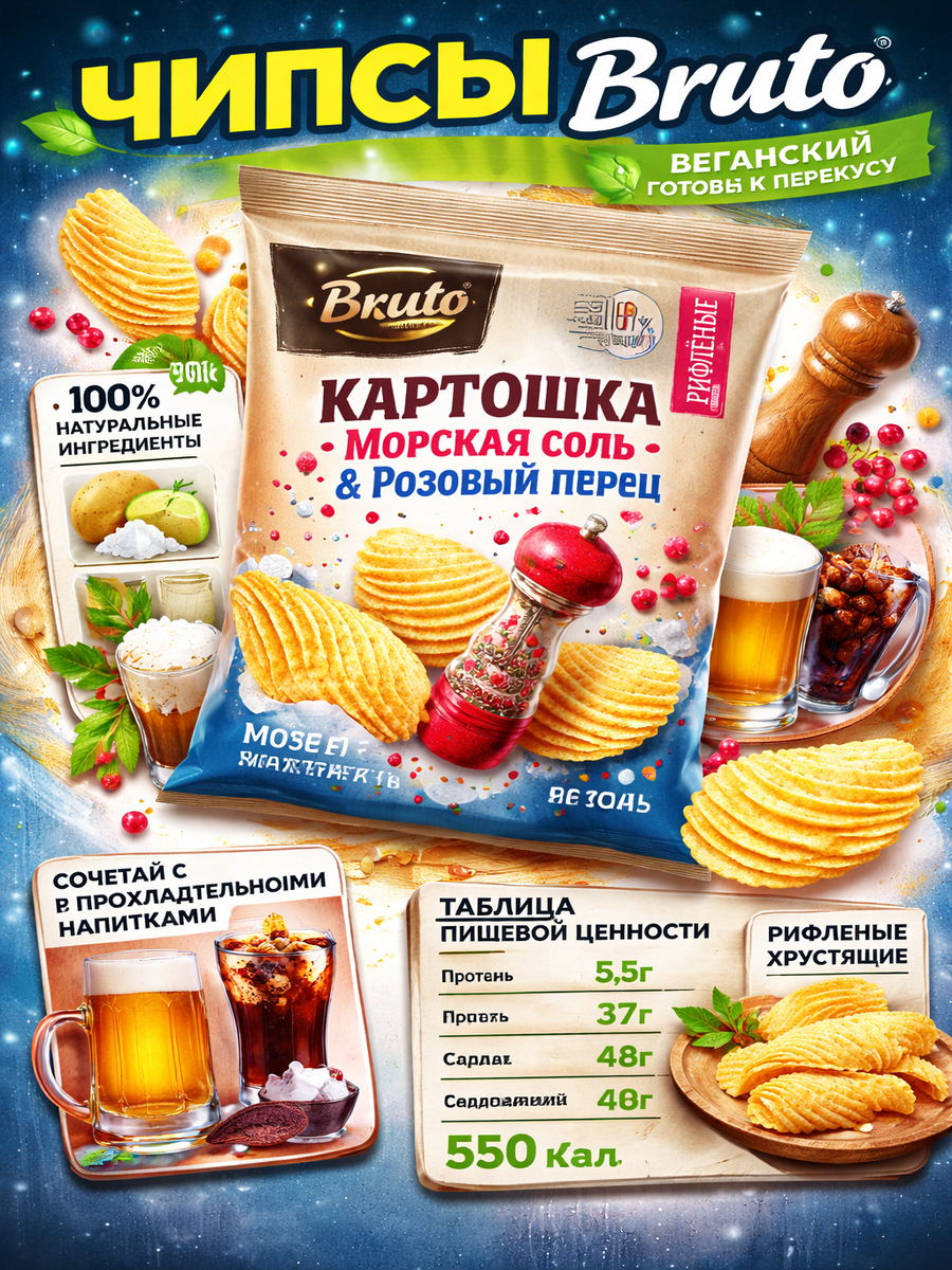 Чипсы Bruto рифленые Морская соль и розовый перец, 120г