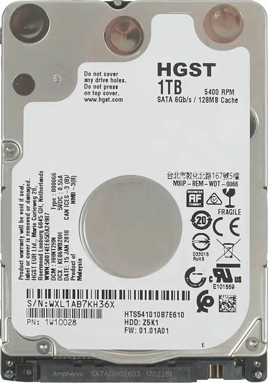 2.5" 1000 ГБ Жесткий диск HGST Travelstar Z5K1 HTS541010B7E610 (W10028) - SATA III, 6 ГБ/с, 5400 об/мин