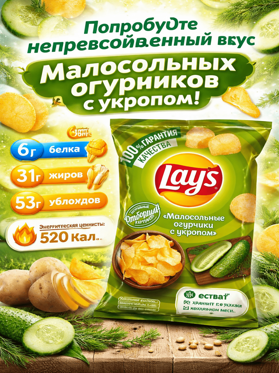 Чипсы Lay's Малосольные огурчики с укропом, 140г