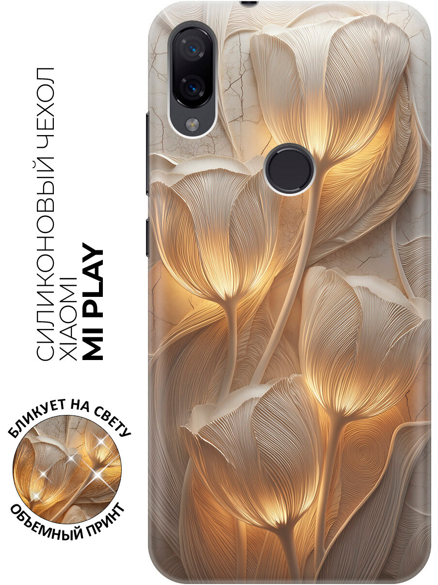 Силиконовый чехол на Xiaomi Mi Play с принтом "Тюльпаны на бежевой стене"