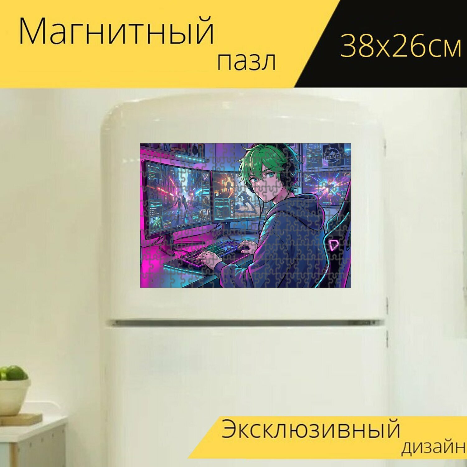 Магнитный пазл "Киберспортсмен в неоновом интерьере. Яркая аниме-иллюстрация: молодой парень с зелёными волосами и наушниками за рабочим местом, светящиеся." для интерьера, 38х26 см.