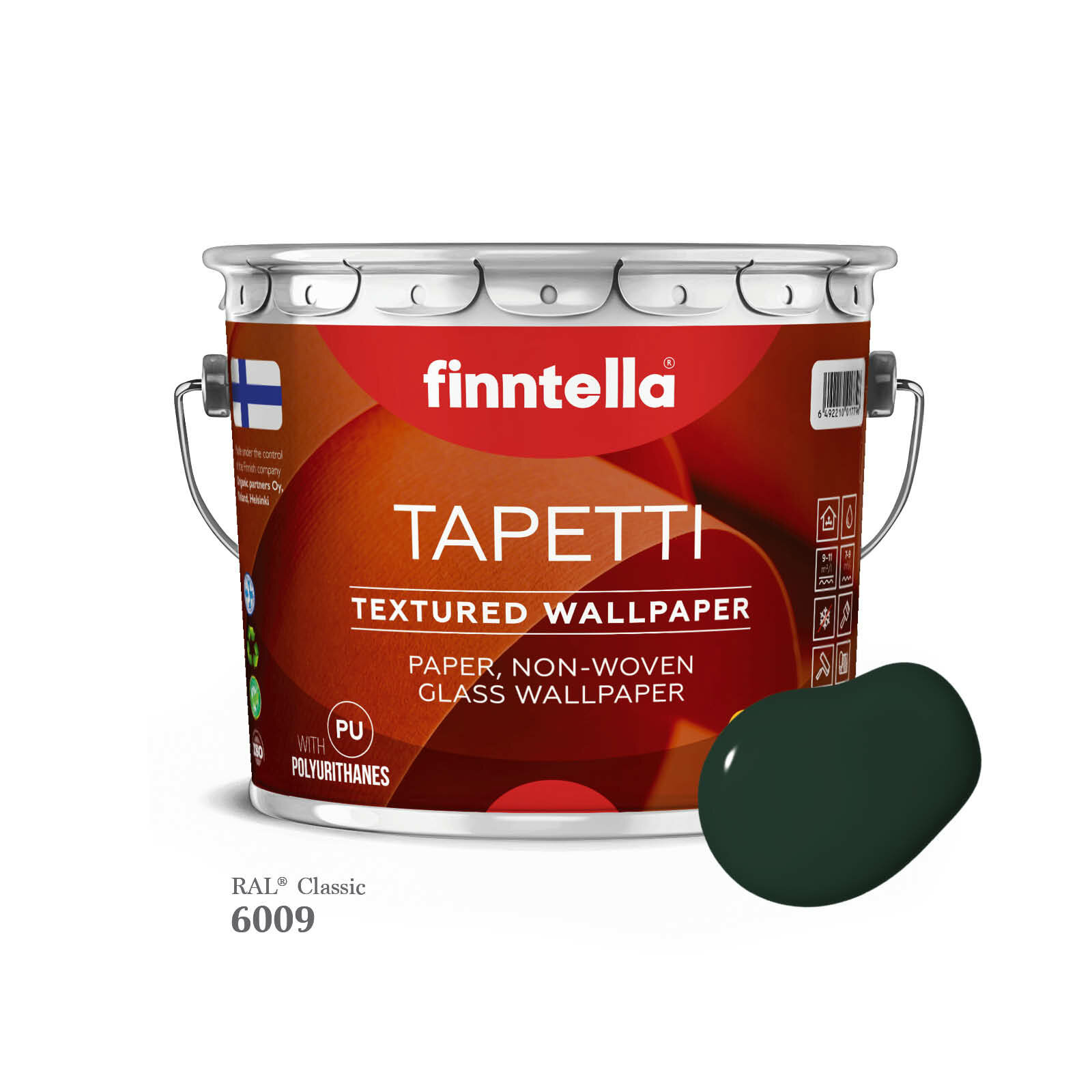 Шелковисто-матовая краска для обоев под окраску TAPETTI SILKKI Matta FINNTELLA, Цвет RAL 6009 Пихтовый зеленый (Fir green), 2,7л