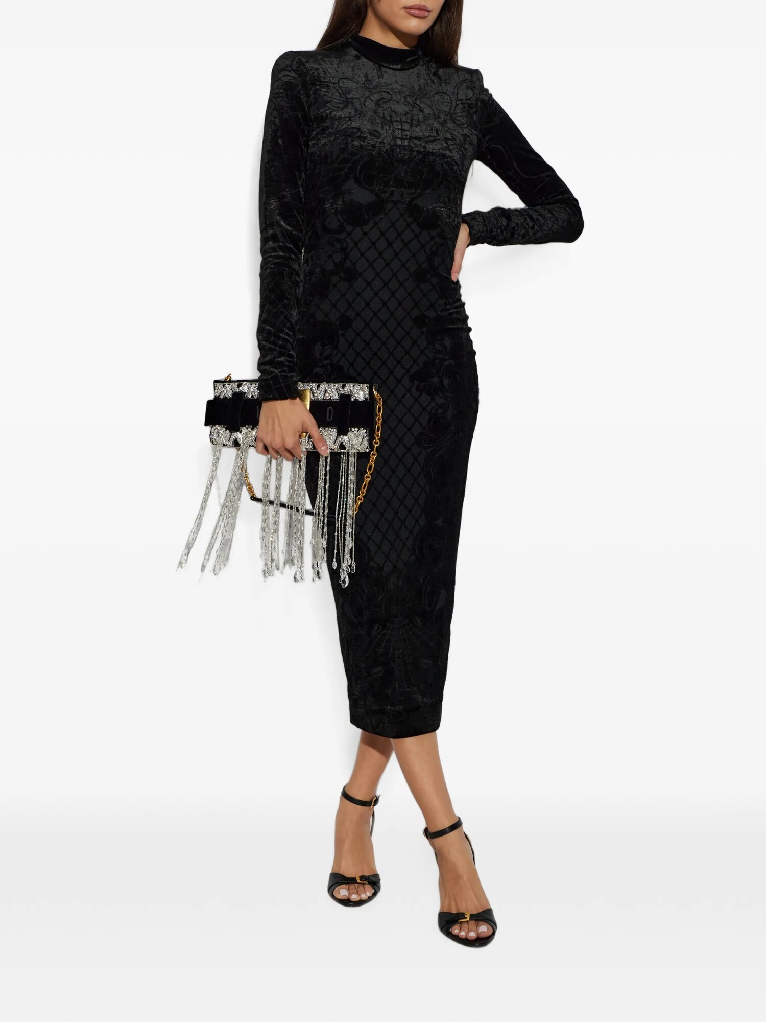 Платье BALMAIN Velvet patterned midi dress, размер 38, black — фото 1