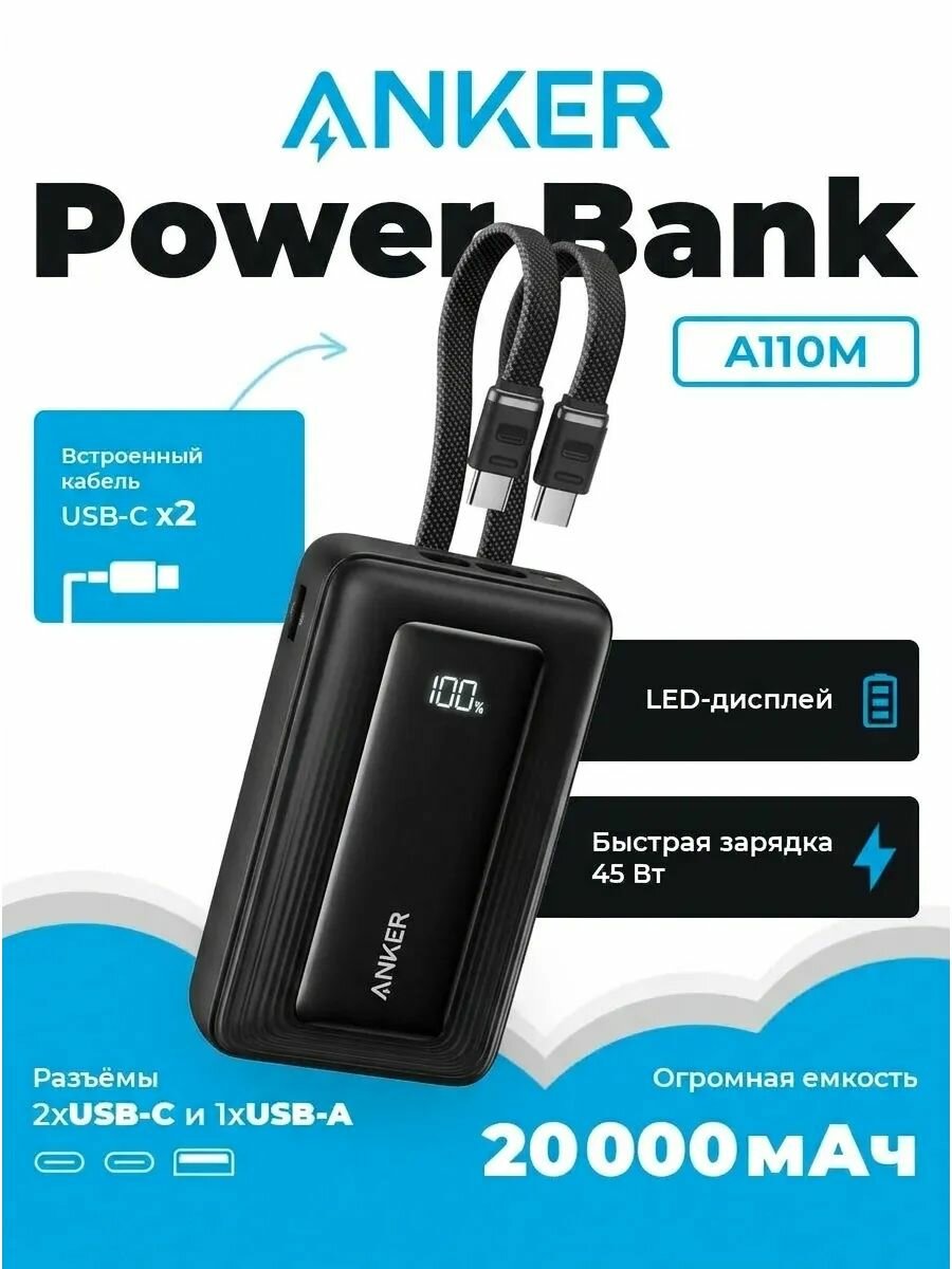 Anker Zolo 20k mAh 45W Dual T-C A110M (черный), портативный аккумулятор